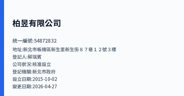 柏昱有限公司的照片-統編 54872832(新北市) 公司登記資料與營業項目詳細圖表