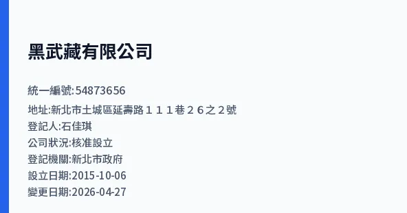 黑武藏有限公司的照片-統編 54873656(新北市) 公司登記資料與營業項目詳細圖表