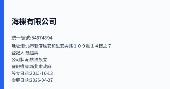 海櫟有限公司的照片-統編 54874894(新北市) 公司登記資料與營業項目詳細圖表