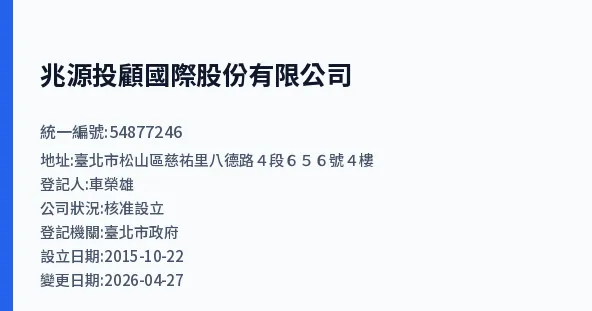 兆源投顧國際股份有限公司的照片-統編 54877246(臺北市) 公司登記資料與營業項目詳細圖表