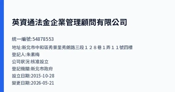 英資通法金企業管理顧問有限公司的照片-統編 54878553(新北市) 公司登記資料與營業項目詳細圖表