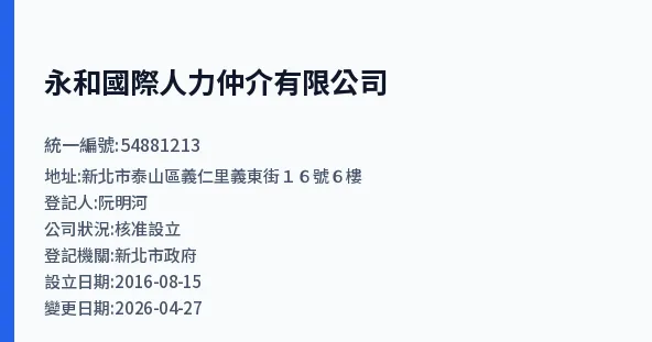 永和國際人力仲介有限公司的照片-統編 54881213(新北市) 公司登記資料與營業項目詳細圖表