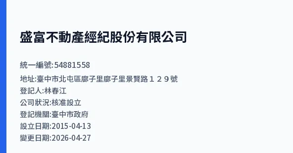 盛富不動產經紀股份有限公司的照片-統編 54881558(臺中市) 公司登記資料與營業項目詳細圖表