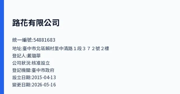 路花有限公司的照片-統編 54881683(臺中市) 公司登記資料與營業項目詳細圖表