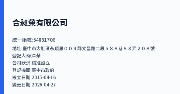合昶榮有限公司的照片-統編 54881706(臺中市) 公司登記資料與營業項目詳細圖表