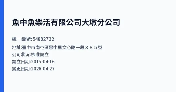 魚中魚樂活有限公司大墩分公司的照片-統編 54882732(臺中市) 公司登記資料與營業項目詳細圖表