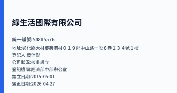 綠生活國際有限公司的照片-統編 54885576(彰化縣) 公司登記資料與營業項目詳細圖表