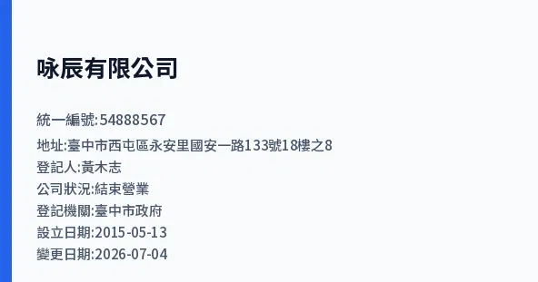 咏辰有限公司的照片-統編 54888567(臺中市) 公司登記資料與營業項目詳細圖表
