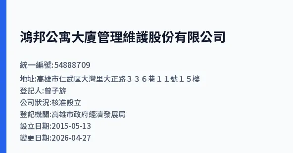 鴻邦公寓大廈管理維護股份有限公司的照片-統編 54888709(高雄市) 公司登記資料與營業項目詳細圖表