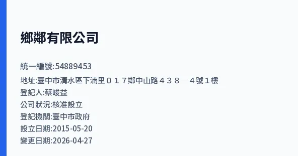 鄉鄰有限公司的照片-統編 54889453(臺中市) 公司登記資料與營業項目詳細圖表