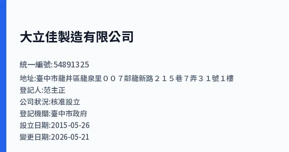 大立佳製造有限公司的照片-統編 54891325(臺中市) 公司登記資料與營業項目詳細圖表