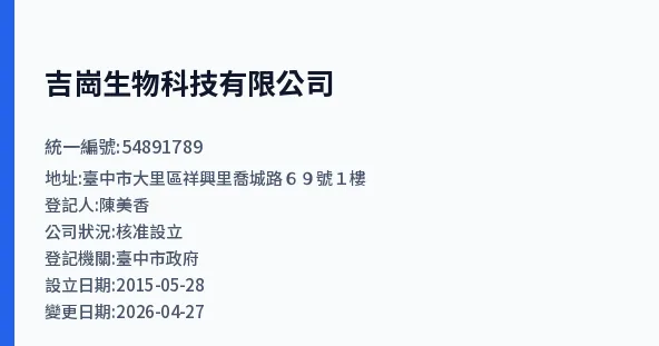 吉崗生物科技有限公司的照片-統編 54891789(臺中市) 公司登記資料與營業項目詳細圖表
