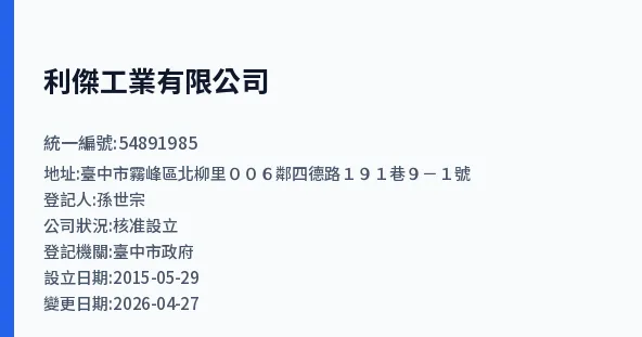 利傑工業有限公司的照片-統編 54891985(臺中市) 公司登記資料與營業項目詳細圖表