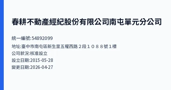 春耕不動產經紀股份有限公司南屯單元分公司的照片-統編 54892099(臺中市) 公司登記資料與營業項目詳細圖表