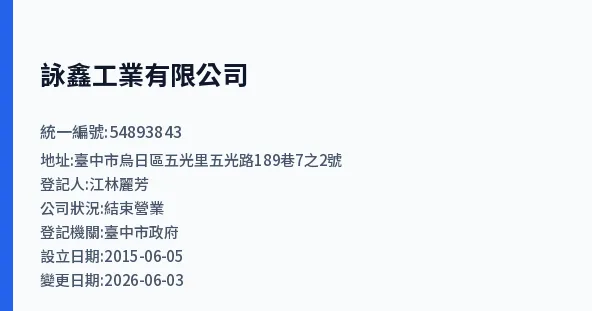 詠鑫工業有限公司的照片-統編 54893843(臺中市) 公司登記資料與營業項目詳細圖表