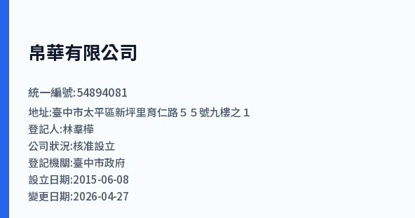 帛華有限公司的照片-統編 54894081(臺中市) 公司登記資料與營業項目詳細圖表