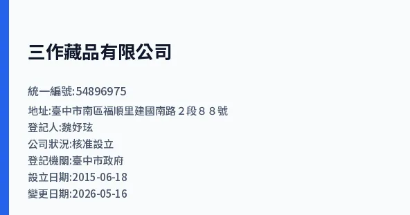 三作藏品有限公司的照片-統編 54896975(臺中市) 公司登記資料與營業項目詳細圖表