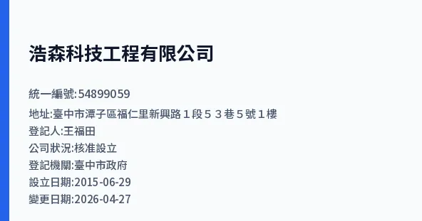 浩森科技工程有限公司的照片-統編 54899059(臺中市) 公司登記資料與營業項目詳細圖表