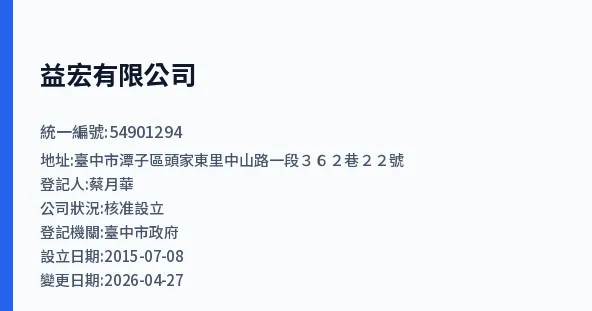 益宏有限公司的照片-統編 54901294(臺中市) 公司登記資料與營業項目詳細圖表