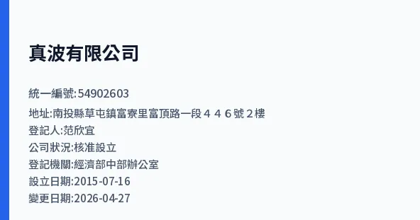 真波有限公司的照片-統編 54902603(南投縣) 公司登記資料與營業項目詳細圖表