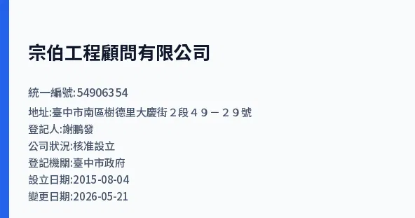 宗伯工程顧問有限公司的照片-統編 54906354(臺中市) 公司登記資料與營業項目詳細圖表