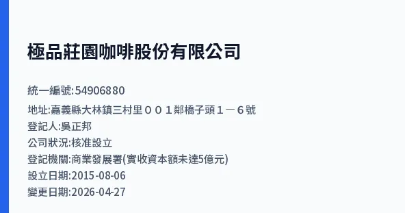 極品莊園咖啡股份有限公司的照片-統編 54906880(嘉義縣) 公司登記資料與營業項目詳細圖表