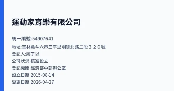 運動家育樂有限公司的照片-統編 54907641(雲林縣) 公司登記資料與營業項目詳細圖表