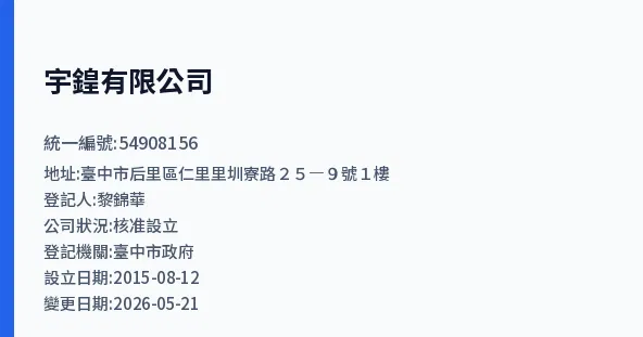 宇鍠有限公司的照片-統編 54908156(臺中市) 公司登記資料與營業項目詳細圖表