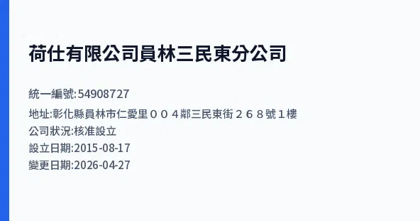荷仕有限公司員林三民東分公司的照片-統編 54908727(彰化縣) 公司登記資料與營業項目詳細圖表
