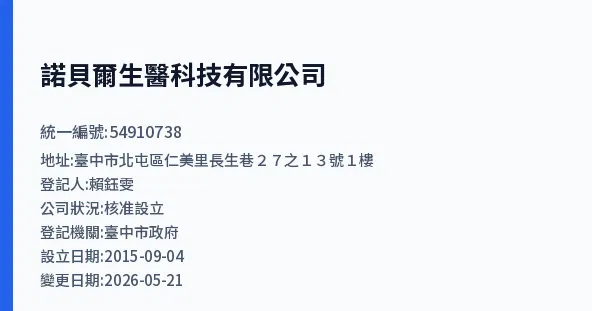 諾貝爾生醫科技有限公司的照片-統編 54910738(臺中市) 公司登記資料與營業項目詳細圖表