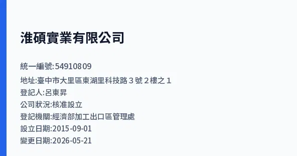 淮碩實業有限公司的照片-統編 54910809(臺中市) 公司登記資料與營業項目詳細圖表