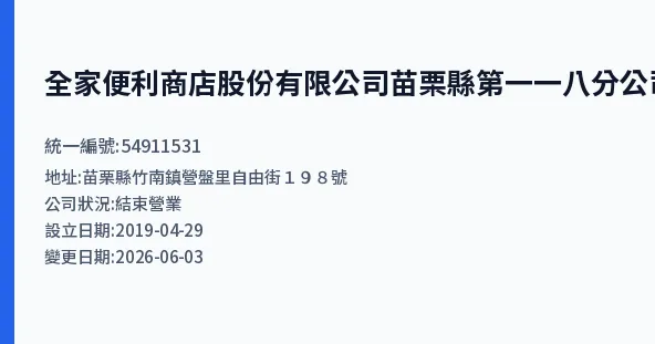 全家便利商店股份有限公司苗栗縣第一一八分公司的照片-統編 54911531(苗栗縣) 公司登記資料與營業項目詳細圖表