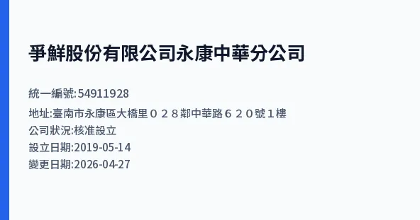 爭鮮股份有限公司永康中華分公司的照片-統編 54911928(臺南市) 公司登記資料與營業項目詳細圖表