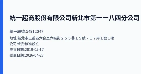 統一超商股份有限公司新北市第一一八四分公司的照片-統編 54912047(新北市) 公司登記資料與營業項目詳細圖表