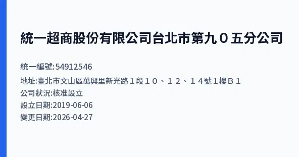 統一超商股份有限公司台北市第九0五分公司的照片-統編 54912546(臺北市) 公司登記資料與營業項目詳細圖表