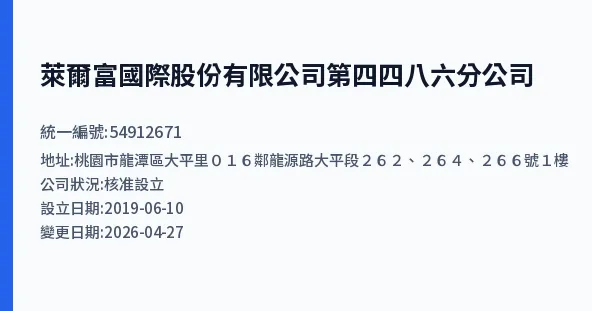 萊爾富國際股份有限公司第四四八六分公司的照片-統編 54912671(桃園市) 公司登記資料與營業項目詳細圖表
