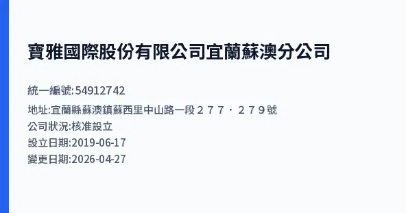 寶雅國際股份有限公司宜蘭蘇澳分公司的照片-統編 54912742(宜蘭縣) 公司登記資料與營業項目詳細圖表