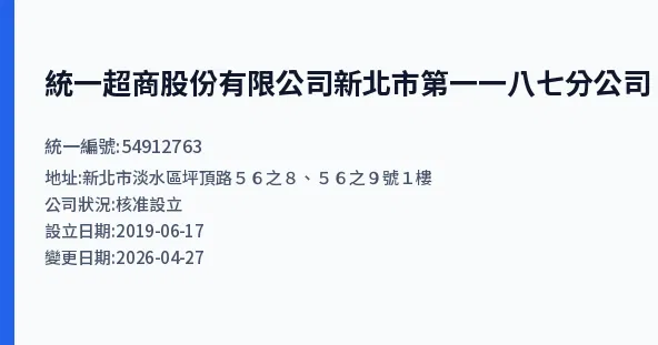 統一超商股份有限公司新北市第一一八七分公司的照片-統編 54912763(新北市) 公司登記資料與營業項目詳細圖表