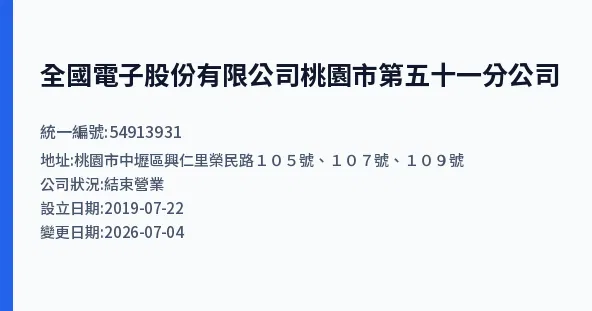 全國電子股份有限公司桃園市第五十一分公司的照片-統編 54913931(桃園市) 公司登記資料與營業項目詳細圖表