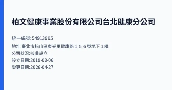 柏文健康事業股份有限公司台北健康分公司的照片-統編 54913995(臺北市) 公司登記資料與營業項目詳細圖表