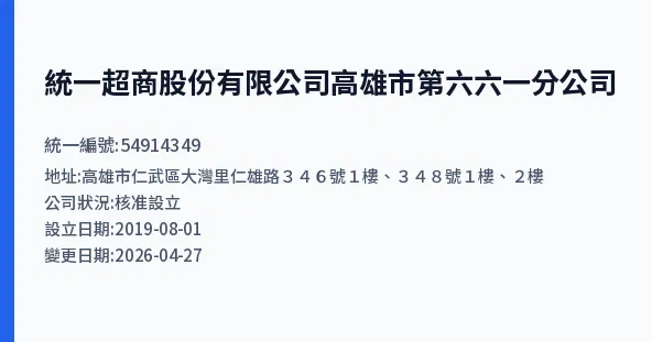統一超商股份有限公司高雄市第六六一分公司的照片-統編 54914349(高雄市) 公司登記資料與營業項目詳細圖表