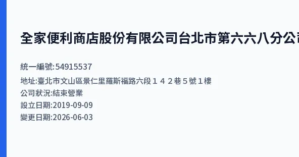 全家便利商店股份有限公司台北市第六六八分公司的照片-統編 54915537(臺北市) 公司登記資料與營業項目詳細圖表