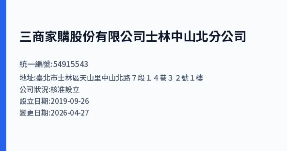 三商家購股份有限公司士林中山北分公司的照片-統編 54915543(臺北市) 公司登記資料與營業項目詳細圖表