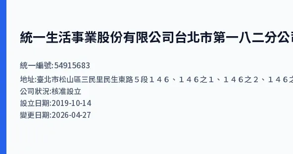 統一生活事業股份有限公司台北市第一八二分公司的照片-統編 54915683(臺北市) 公司登記資料與營業項目詳細圖表