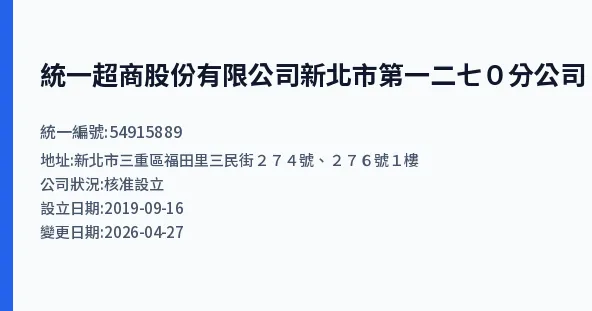 統一超商股份有限公司新北市第一二七0分公司的照片-統編 54915889(新北市) 公司登記資料與營業項目詳細圖表