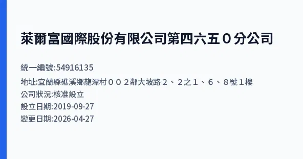 萊爾富國際股份有限公司第四六五0分公司的照片-統編 54916135(宜蘭縣) 公司登記資料與營業項目詳細圖表