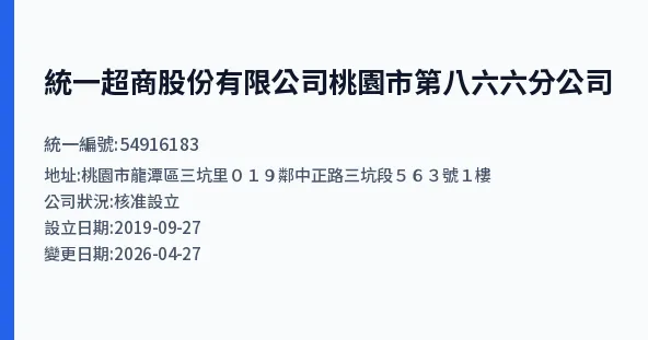 統一超商股份有限公司桃園市第八六六分公司的照片-統編 54916183(桃園市) 公司登記資料與營業項目詳細圖表