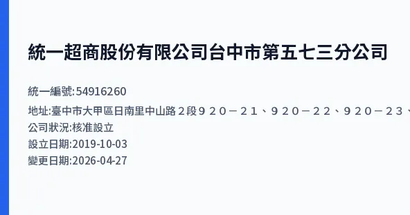 統一超商股份有限公司台中市第五七三分公司的照片-統編 54916260(臺中市) 公司登記資料與營業項目詳細圖表