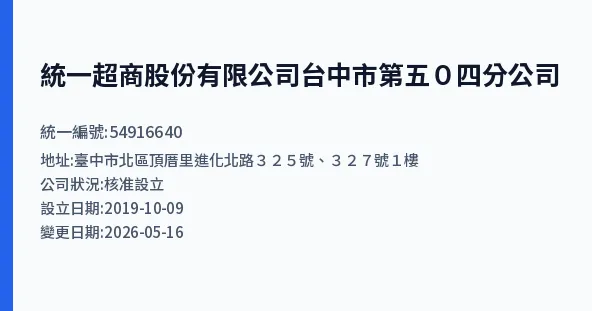 統一超商股份有限公司台中市第五0四分公司的照片-統編 54916640(臺中市) 公司登記資料與營業項目詳細圖表