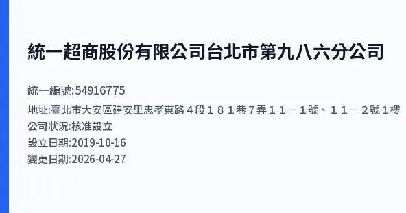 統一超商股份有限公司台北市第九八六分公司的照片-統編 54916775(臺北市) 公司登記資料與營業項目詳細圖表